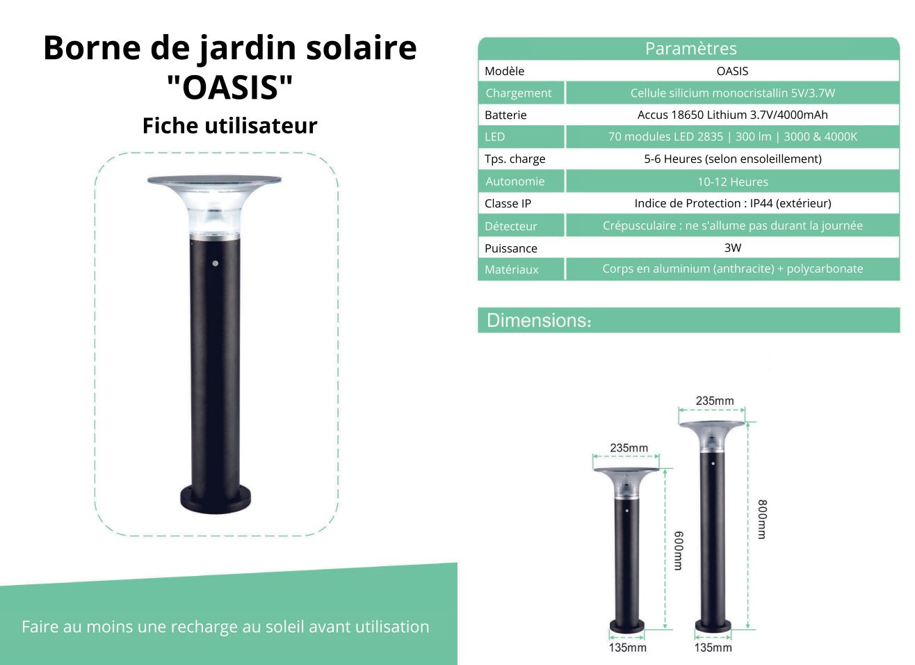 Borne LED solaire de jardin 3W autonome - ByLED.fr®